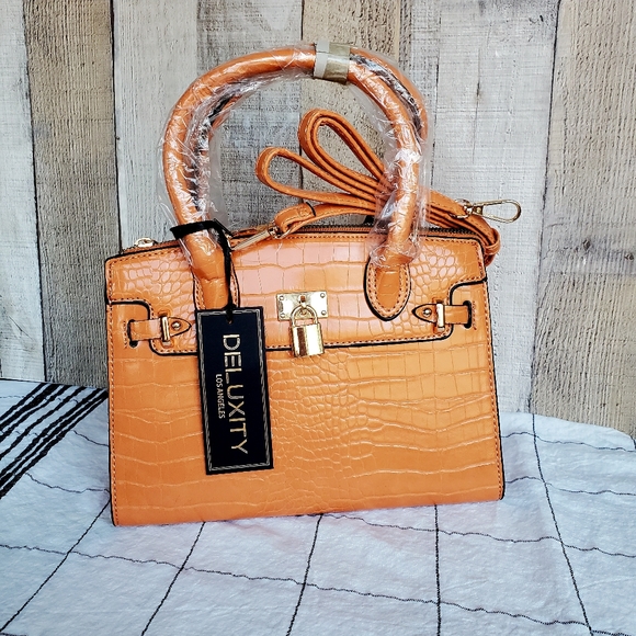 Bags | Deluxity Faux Leather Lock Satchel In Tan Herms Kelly Inspired ...